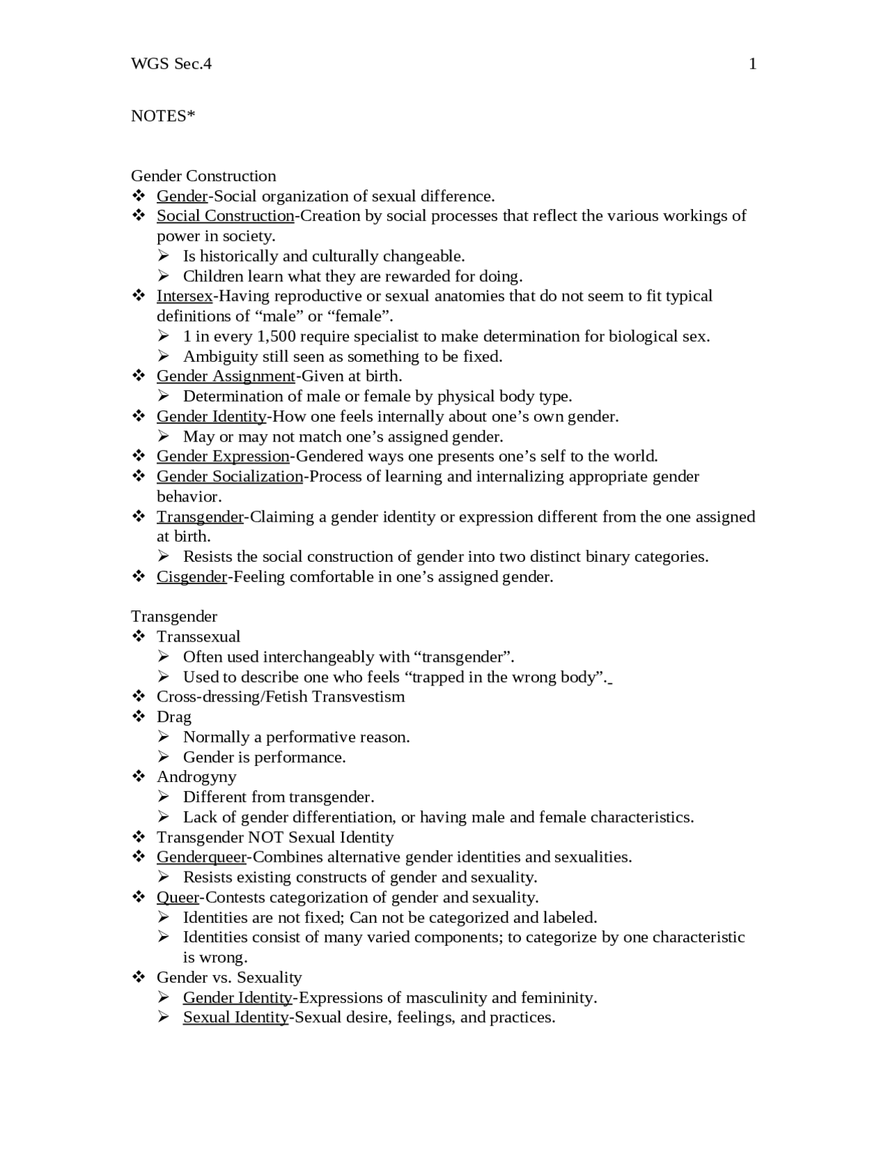 Lecture Notes On Gender Construction Wgs 2500 Docsity