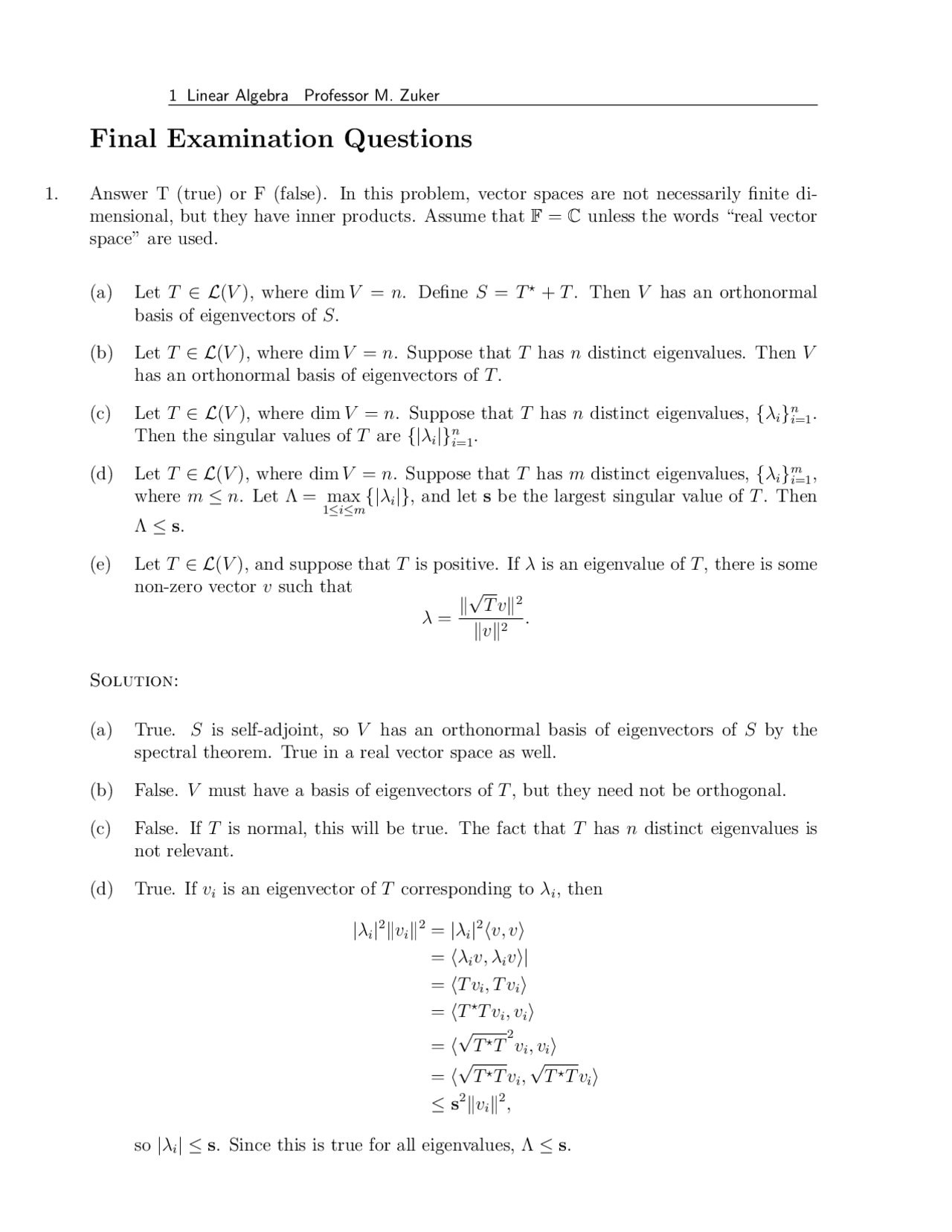 Final Exam Questions for Linear Algebra | MATH 4100 - Docsity