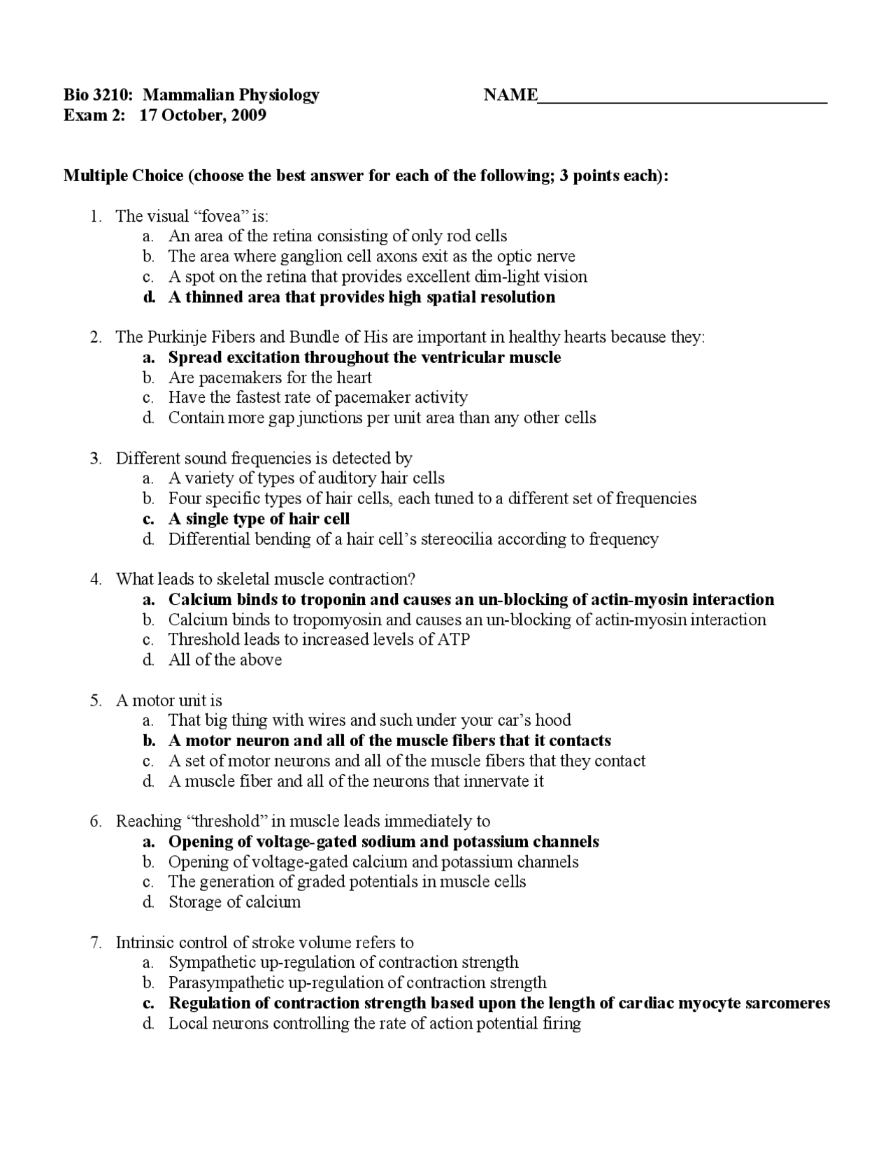 Solved Exam 2 Questions Mammalian Physiology Bio 3210 Docsity