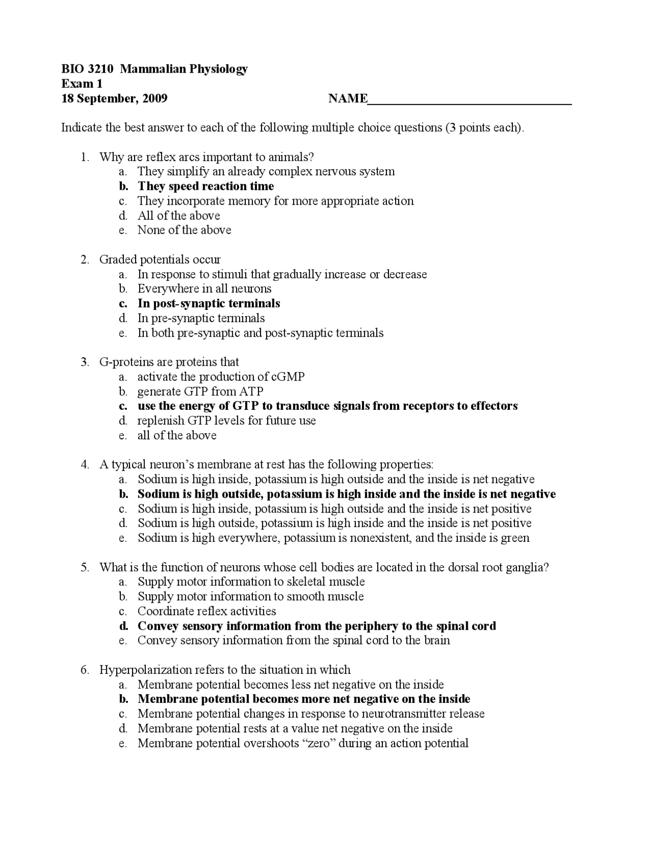 Exam 1 Questions With Solutions For Mammalian Physiology Bio 3210