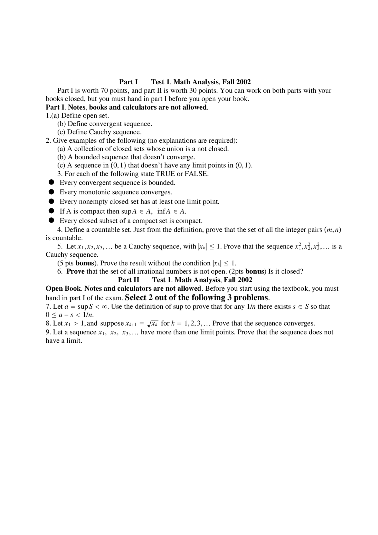 Test 1 Mathematical Analysis - Fall 2002 | MATH 4200 - Docsity