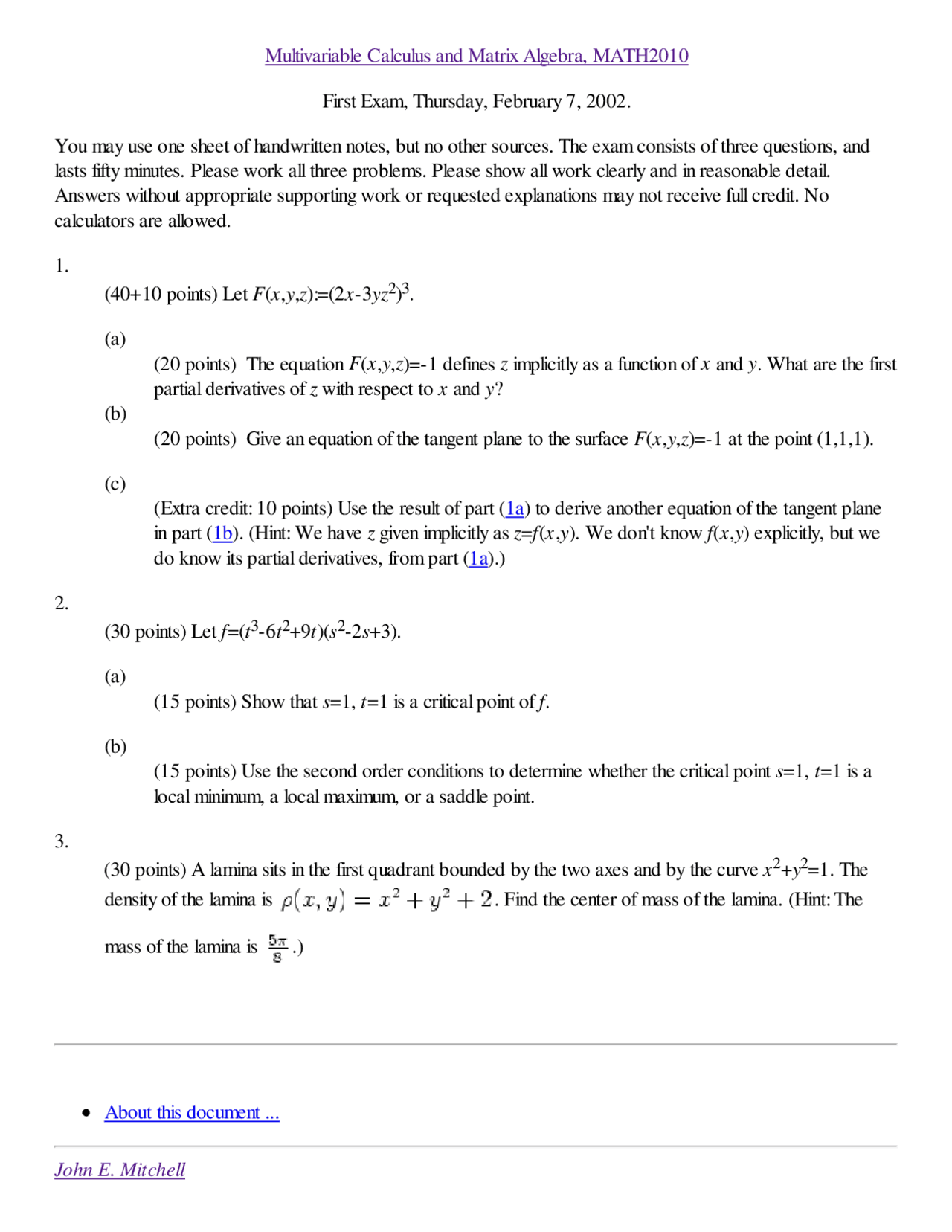Practice Problems For Exam 1 Multivariate Calculus And Matrix Algebra