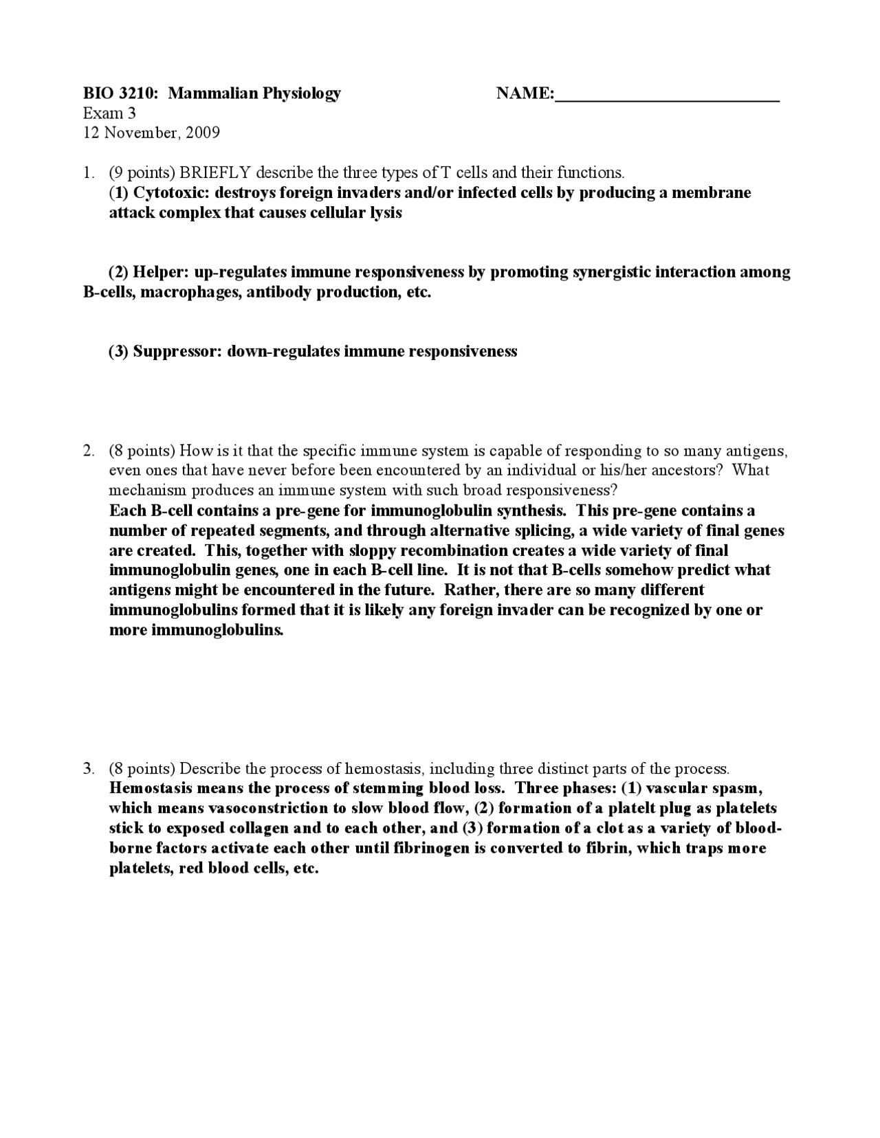 Mammalian Physiology Exam 3 Questions With Solutions Bio 3210 Docsity