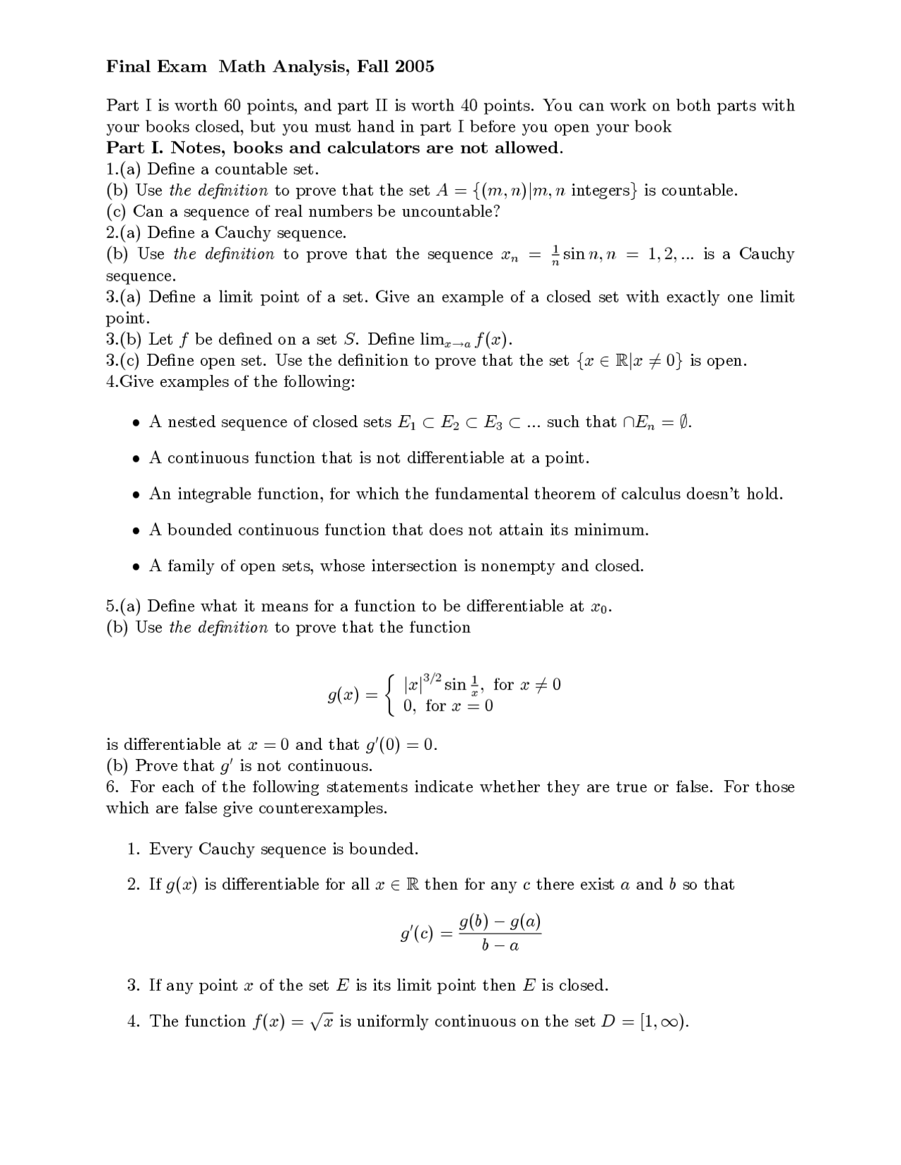 Final Exam For Mathematical Analysis I Math 4200 Docsity