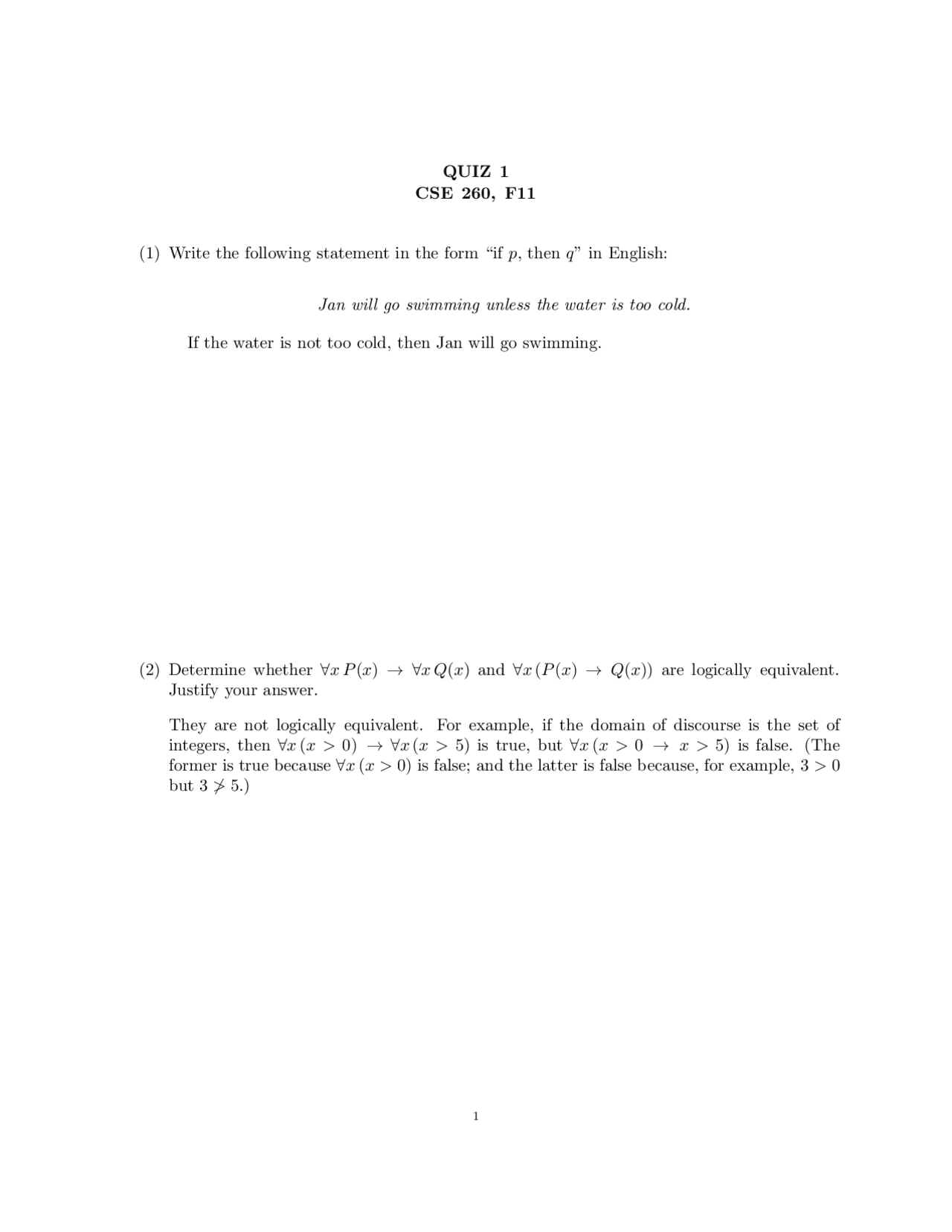 Logical Equivalences Quiz Discrete Structures Cse 260 Quizzes Discrete Structures And