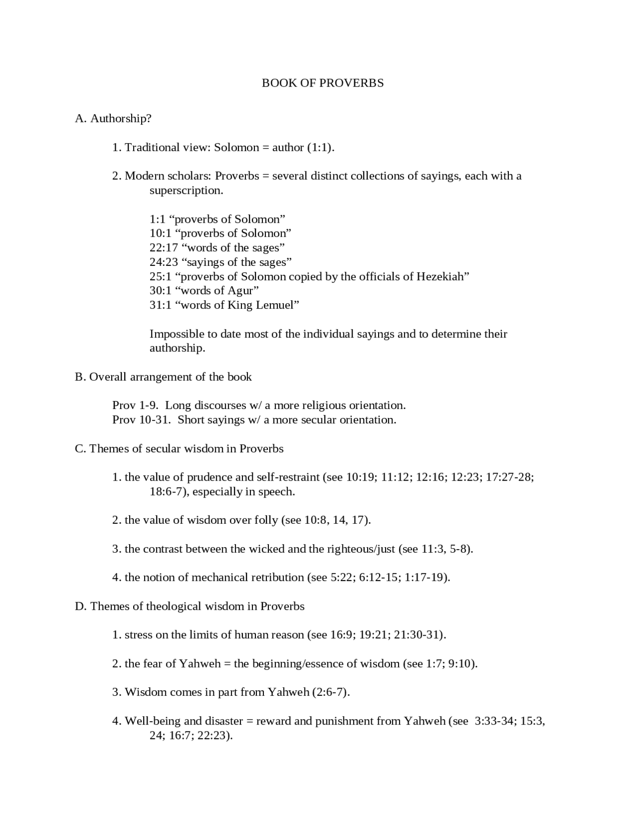 Book of Proverbs - Notes | Old Testament | REL 1004 - Docsity