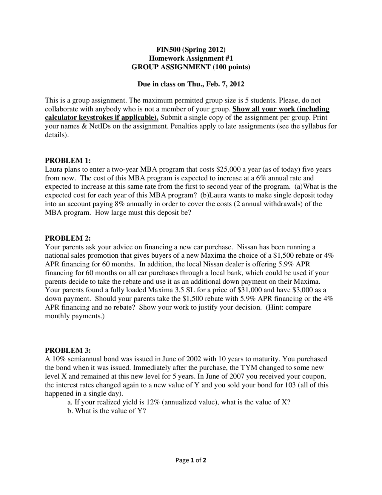 Problems To Assignment 1 Introduction To Finance Fin 500 Docsity