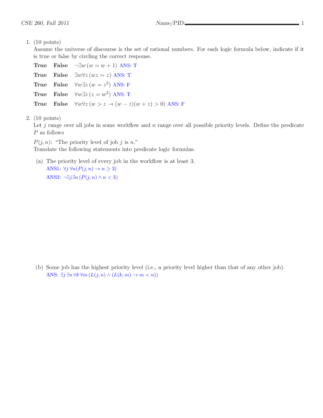 Exam With Solution Discrete Structures Computer Science Cse 260