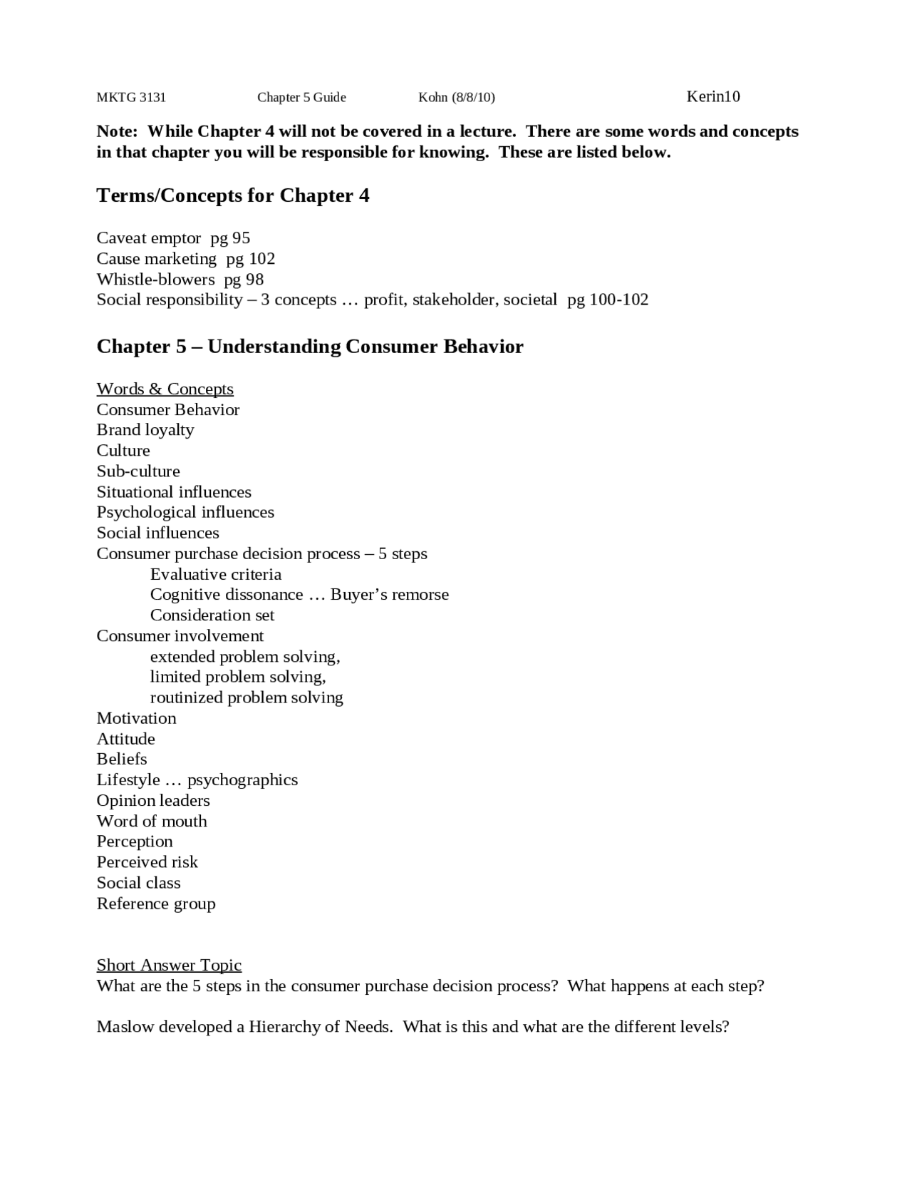 Lecture Notes On Understand Consumer Behavior Mktg 3131 Docsity