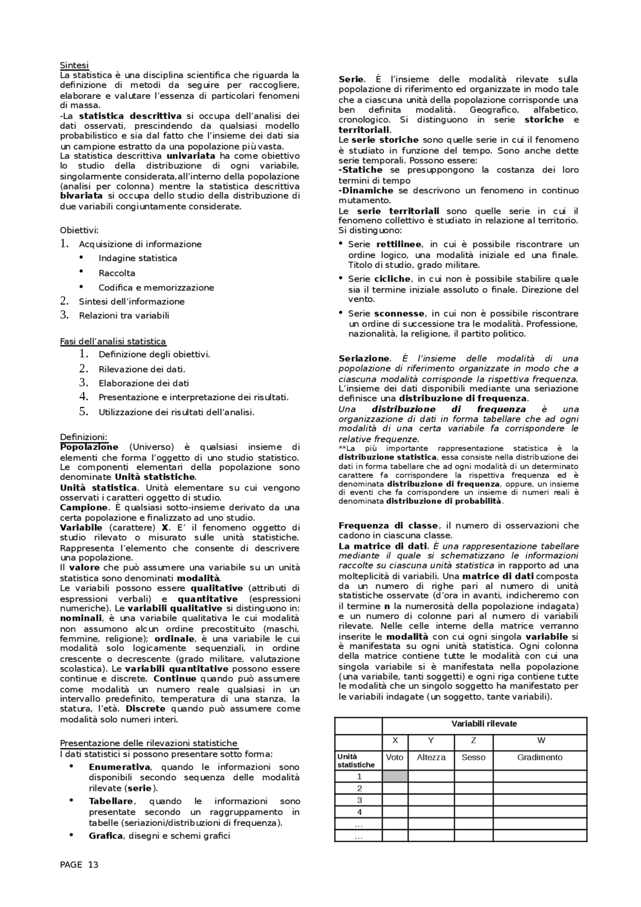 Sintesi Statistica Piccolo Docsity