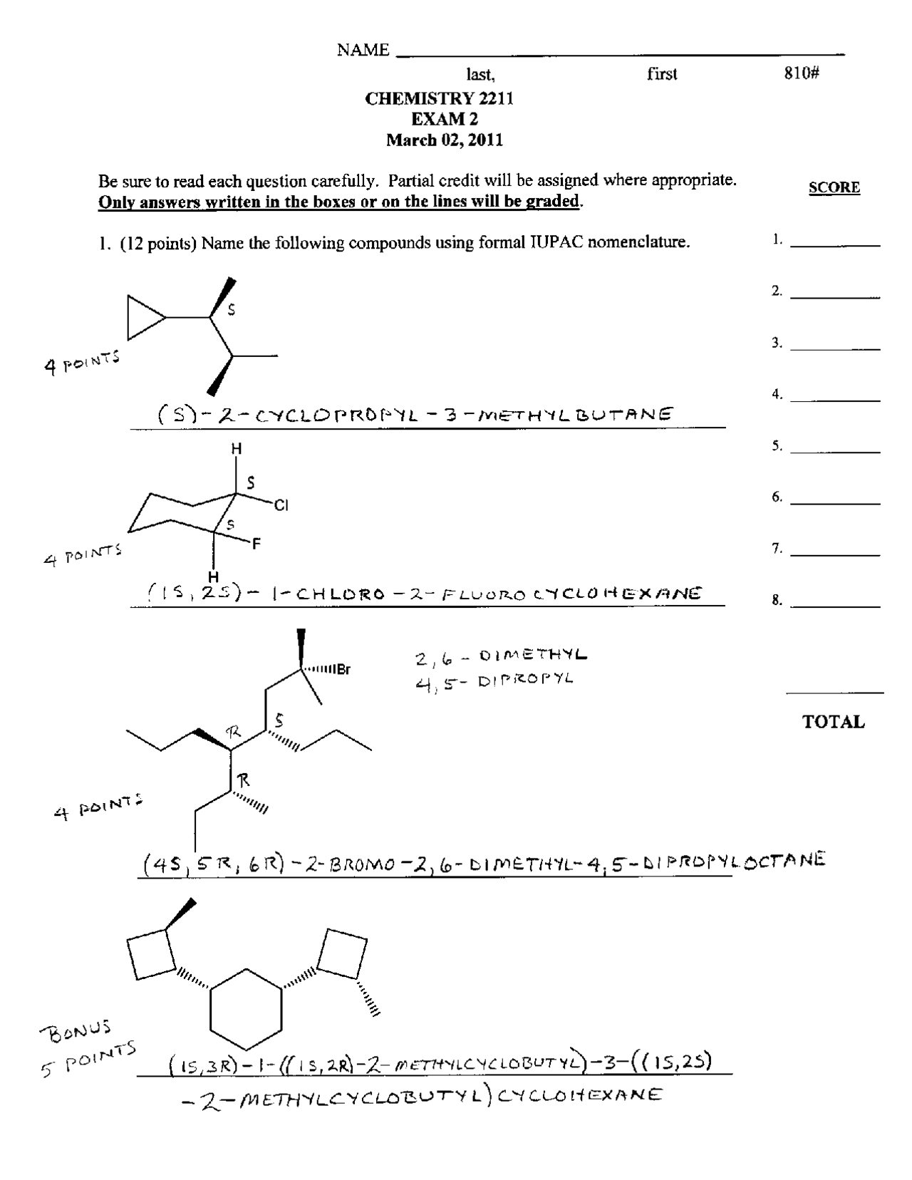 Modern Organic Chemistry I - Past Paper - Fall 2011 | CHEM 2211 - Docsity