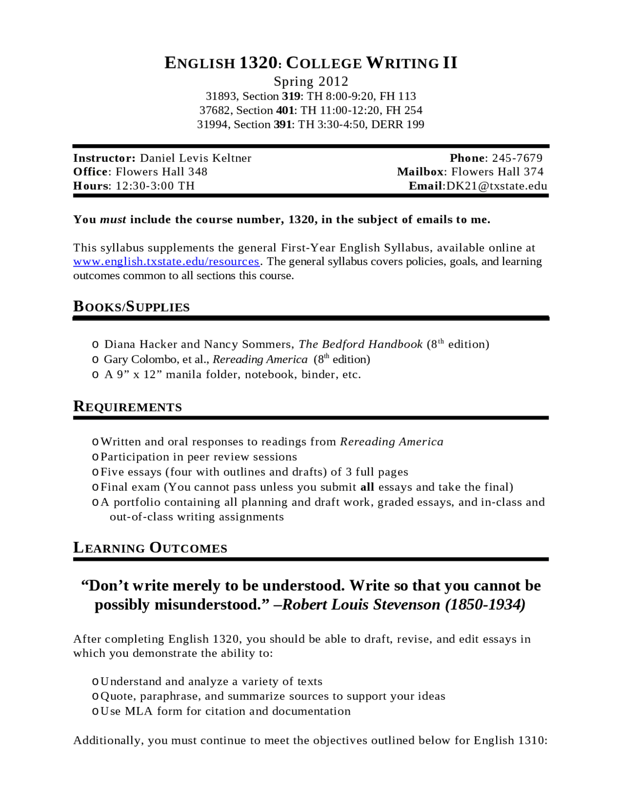 College Writing II - Course Syllabus | ENG 1310 - Docsity