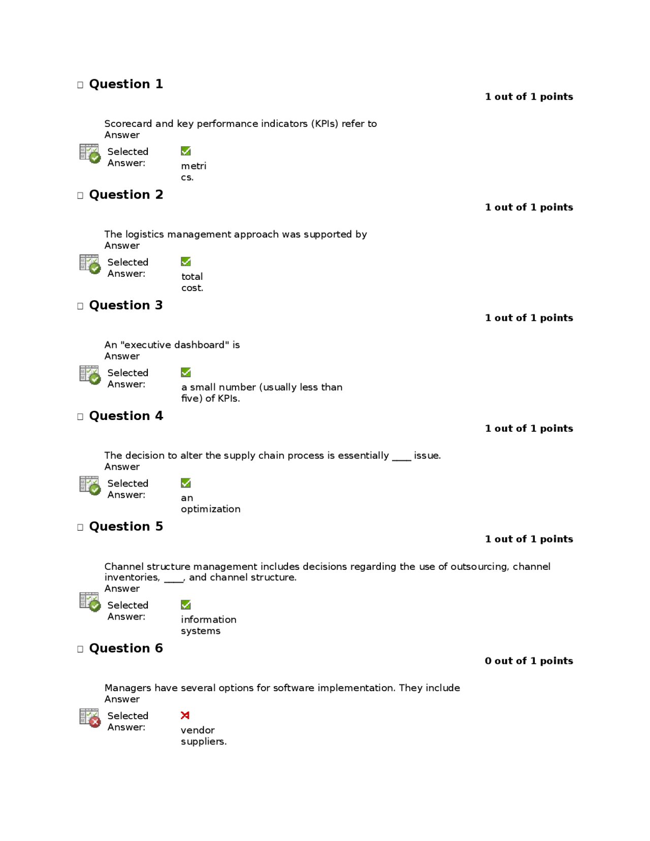 Quiz 1 Answer Key - Logistics Management | TOM 309 - Docsity