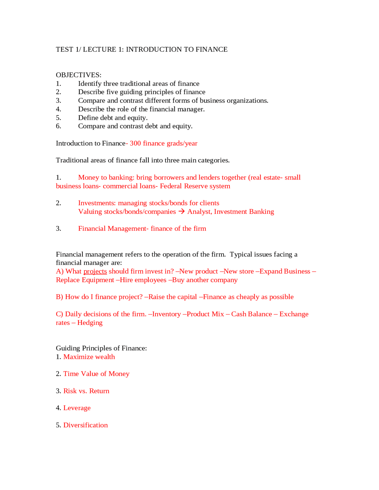 Introduction To Finance Lecture Notes Fina 3000 Docsity