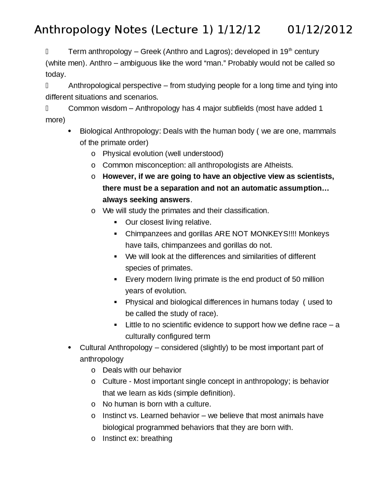 Anthropology Test 1 Material - Introduction to Anthropology | ANTH 1102 ...
