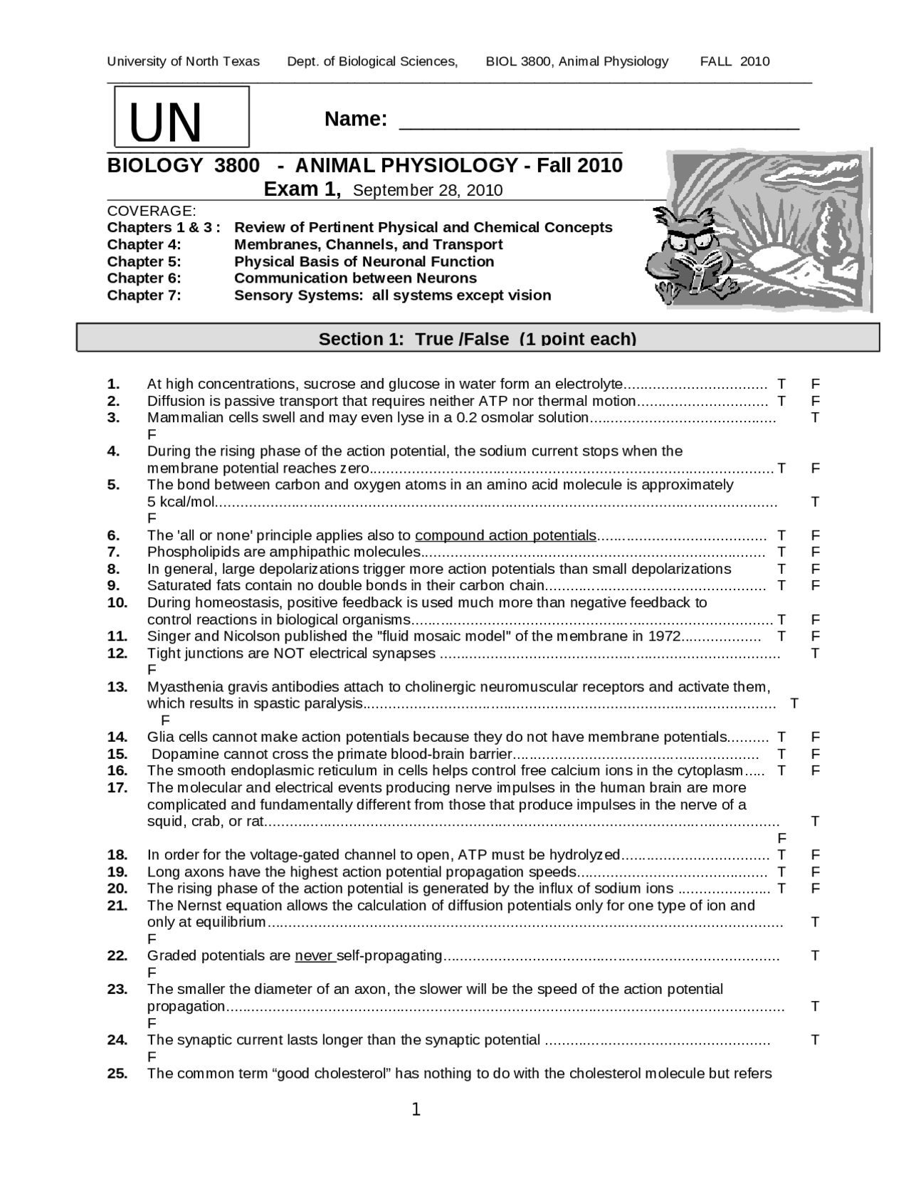Practice Exam 1 on Animal Physiology - Fall 2010 | BIOL 3800 - Docsity