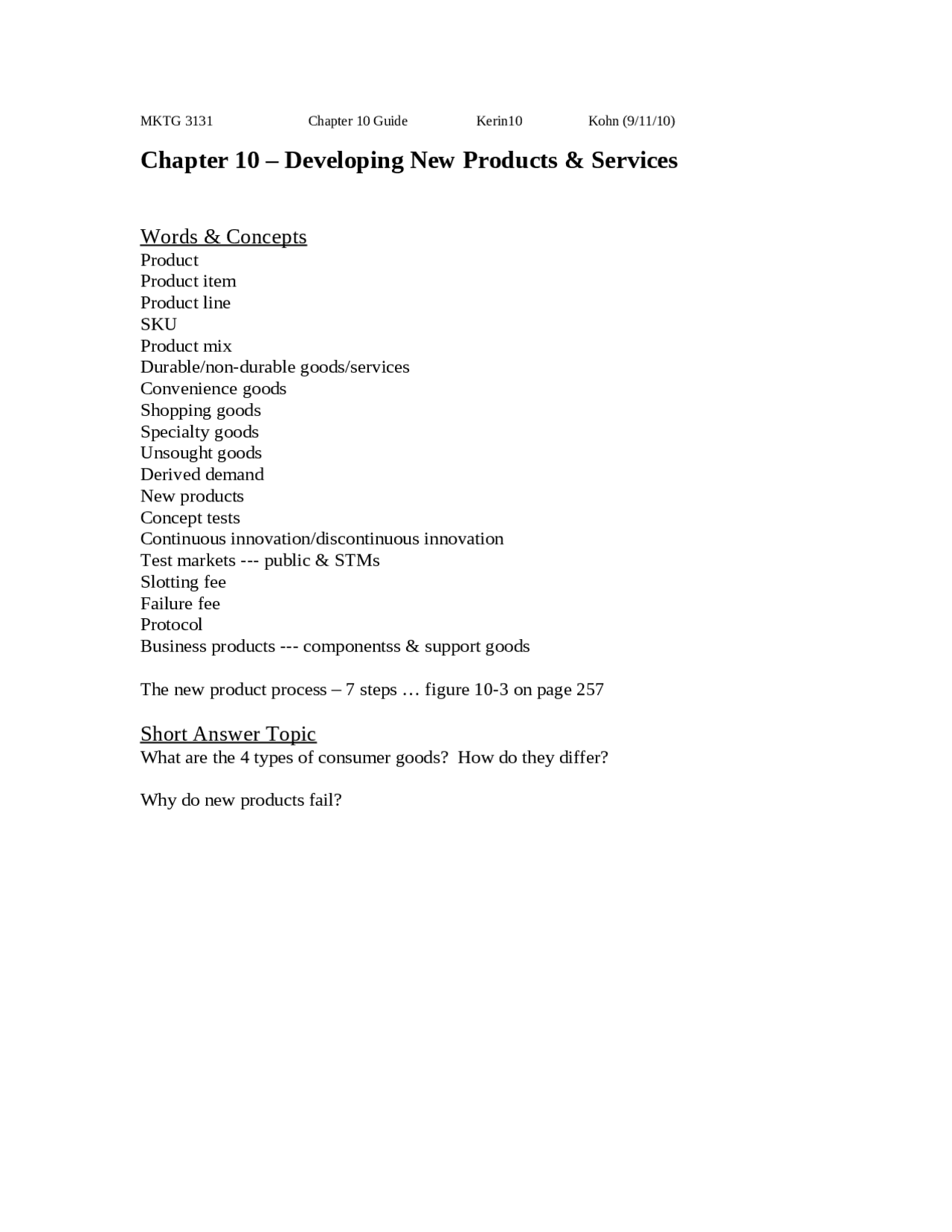 Developing New Products And Services Lecture Notes Mktg 3131 Docsity
