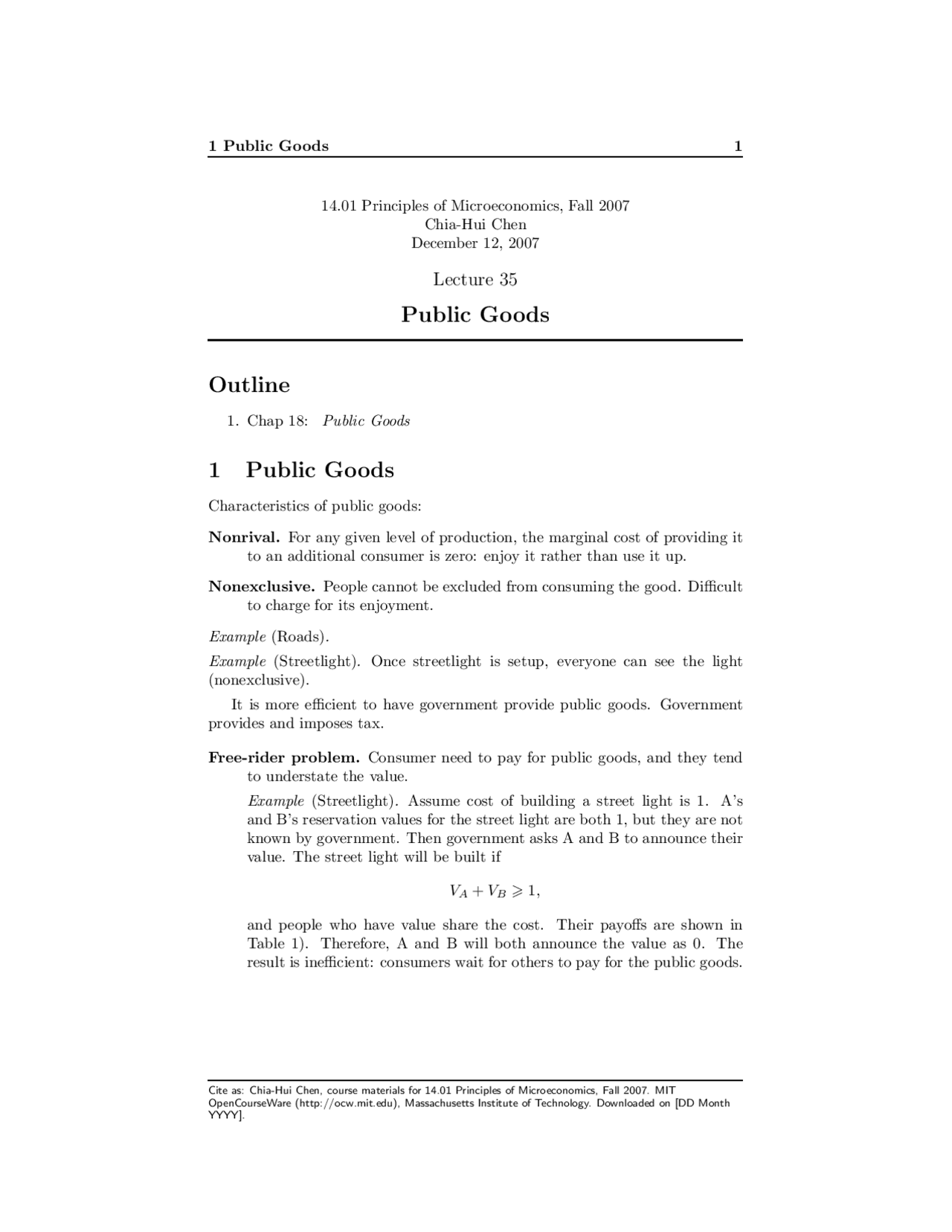 Public goods: lecture notes | Study notes Microeconomics | Docsity