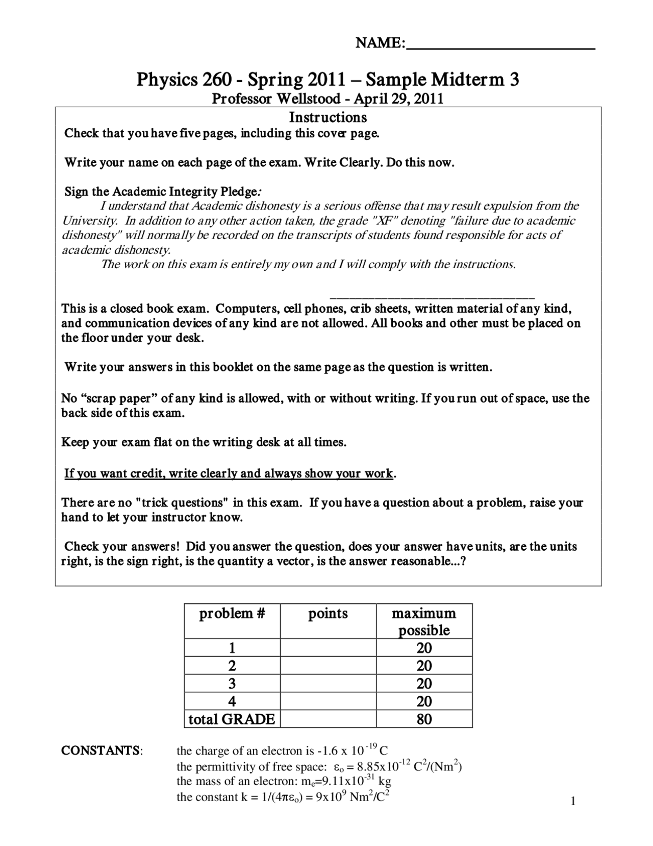 Sample Midterm 3 - Physics - Spring 2011 | PHYS 260 - Docsity