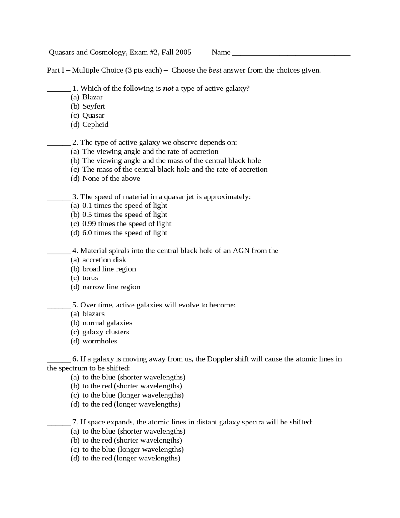 Exam 2 Unsolved Questions Quasars And Cosmology Astr 1510 Docsity