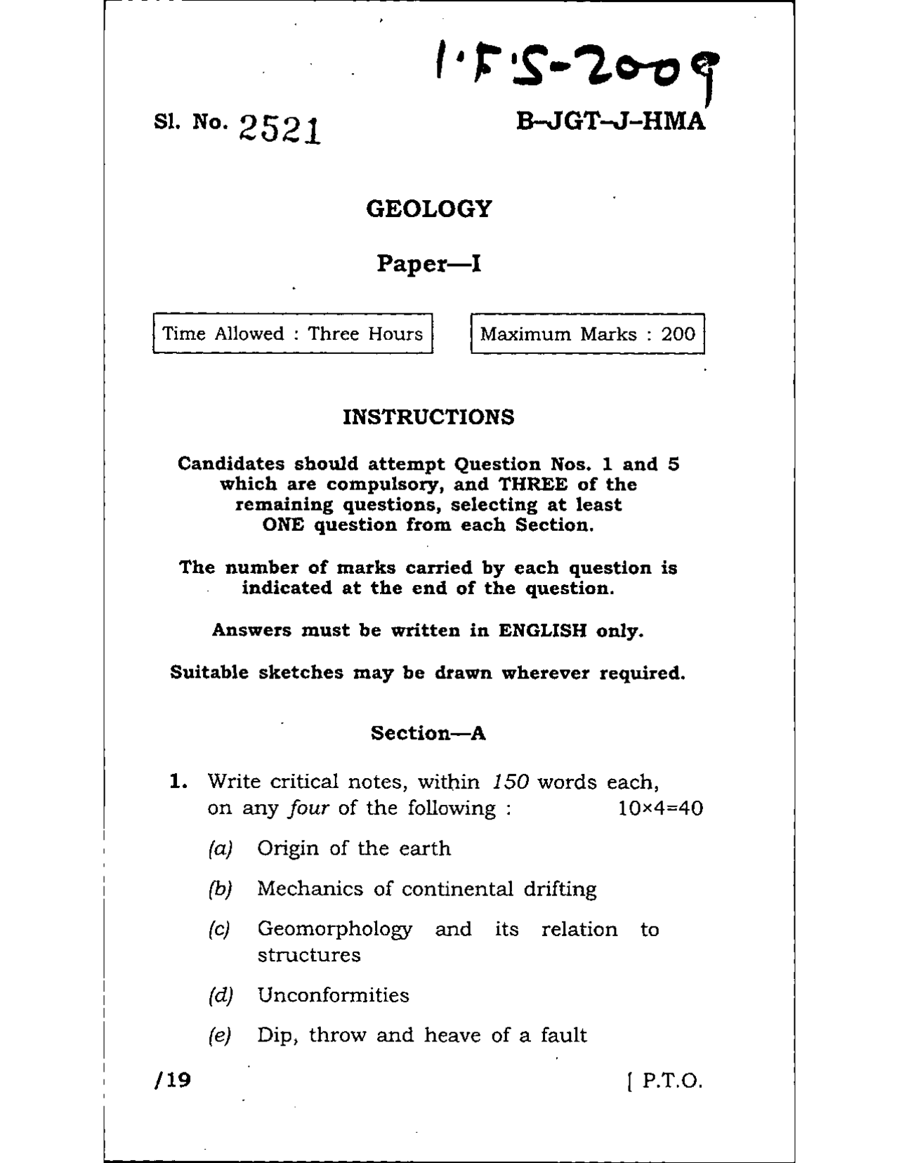 Geology Exam Paper 2009 Forest Management Ifs Docsity