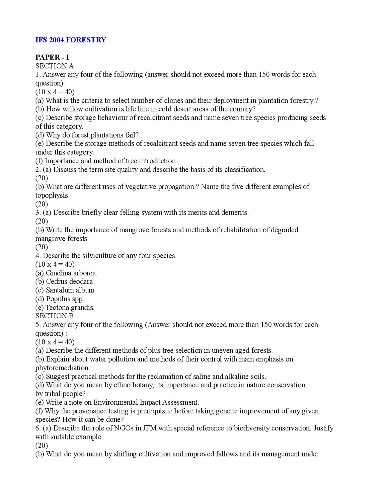Forestry - Exam Paper 2004 - Forest Management - IFS | Exams Forestry ...