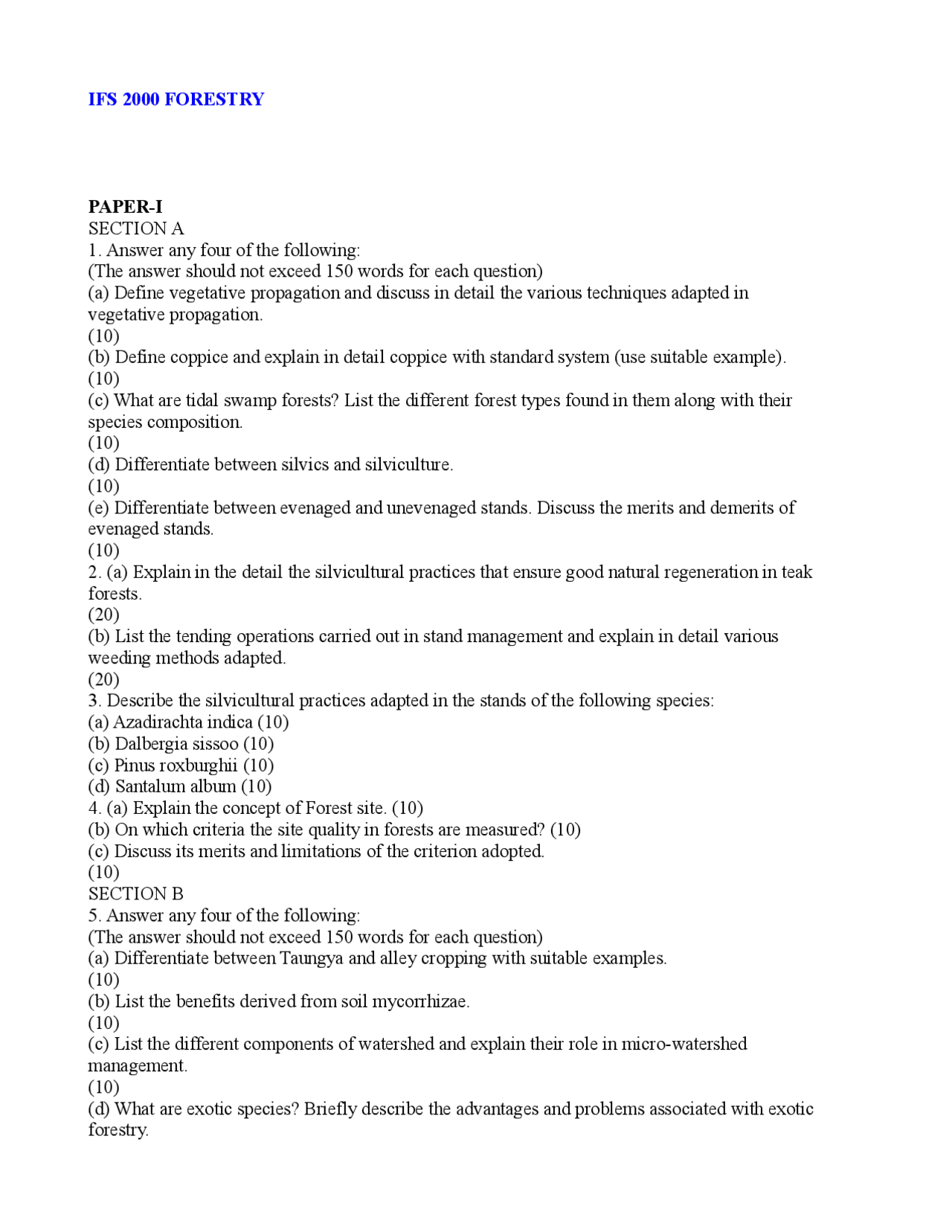 Forest Management Exam Paper 2000 Forest Management Ifs Docsity