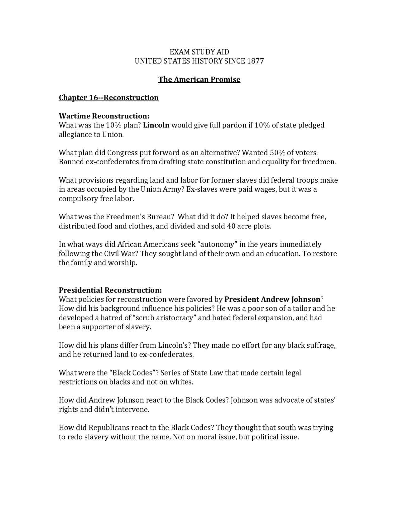 Exam Study Guide: American History Since 1877 - Reconstruction ...