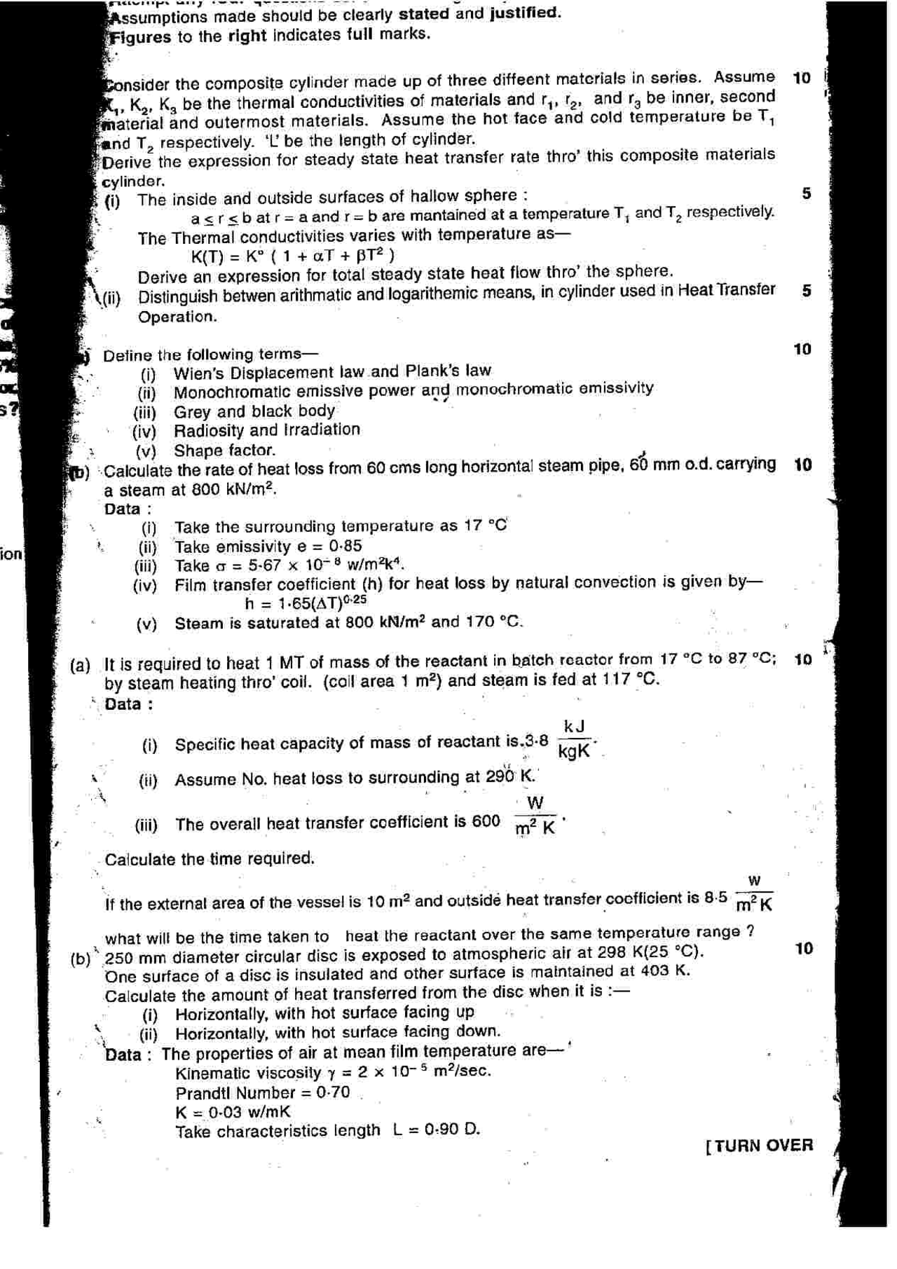 Heat Transfer Operations - Exam Paper - Chemical Engineering - 5th ...