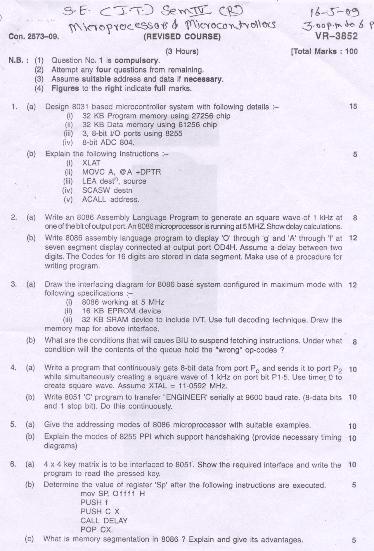 Microprocessors And Microcontrollers Exam Paper May 2009