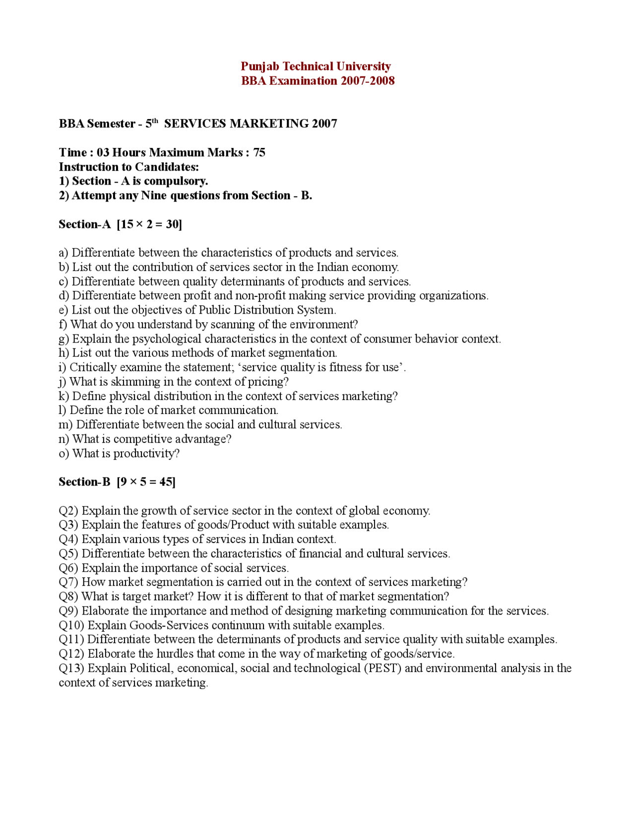 Services Marketing - Exam Paper 2008 - Business Administration - 5th ...