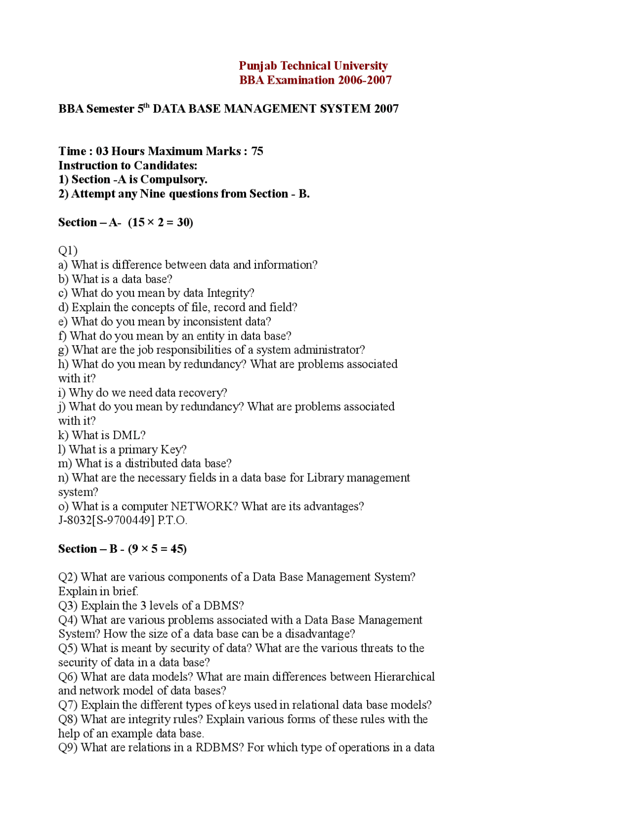 Database Management System - Exam Paper 2007 - Business Administration ...