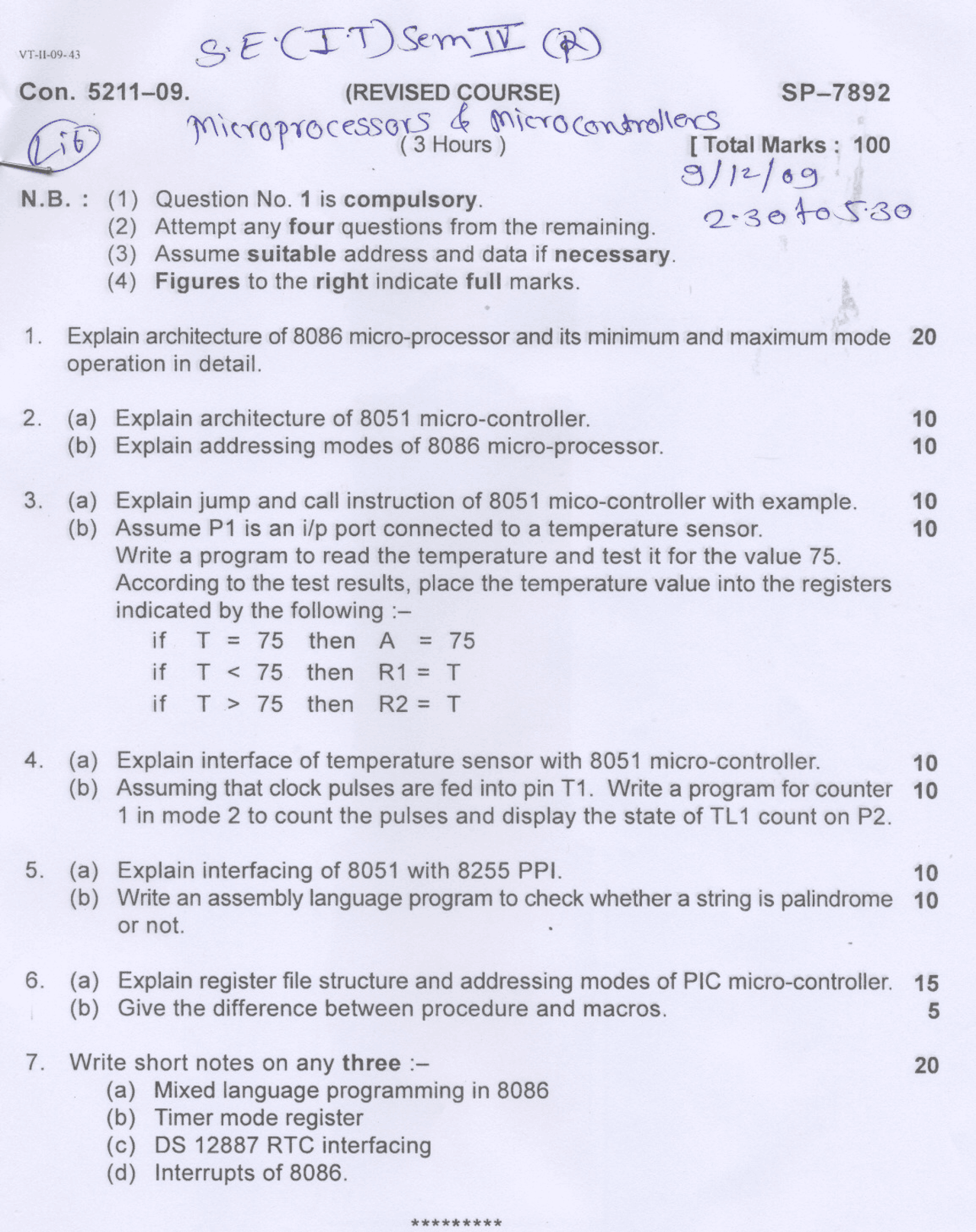 Microprocessors And Microcontrollers Exam Paper Dec 2009