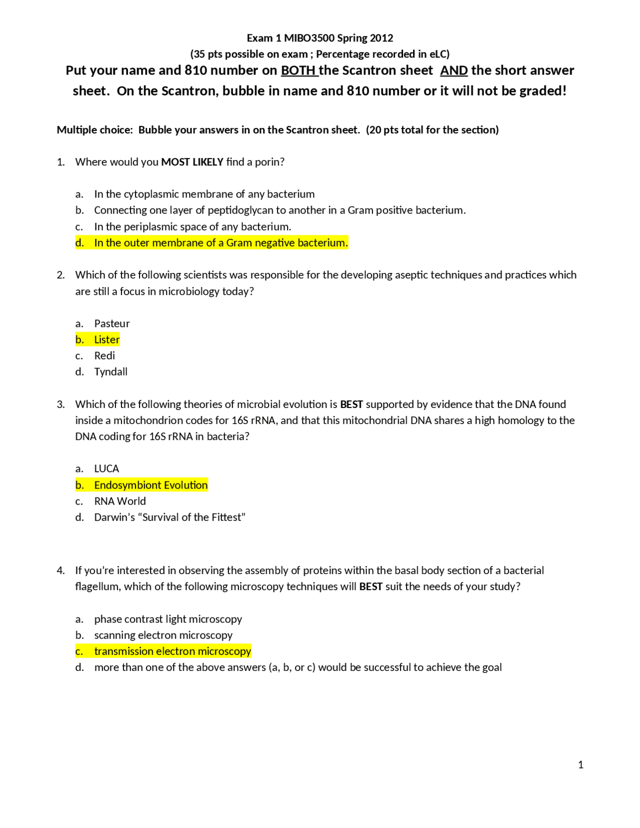 Exam 1 Questions With Answers Introductory Microbiology Mibo 3500