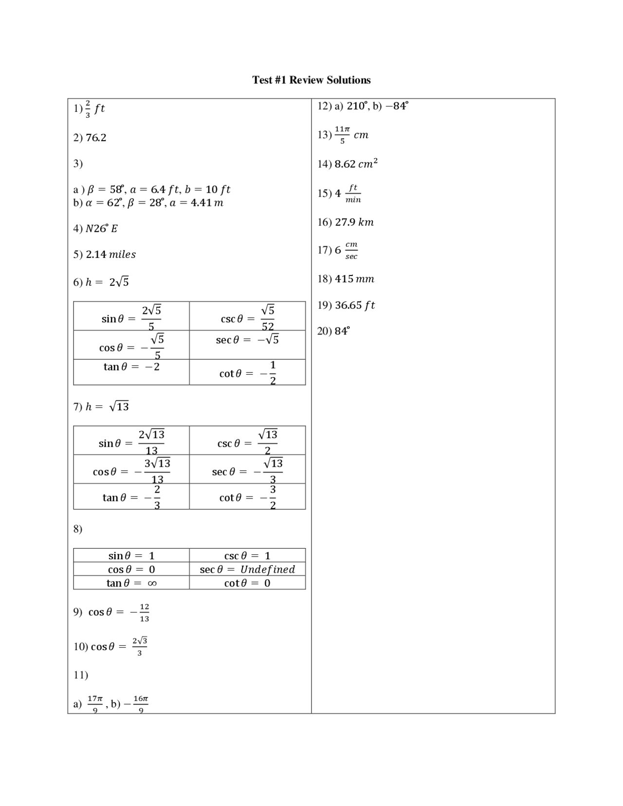 Test 1 Review Solutions Trigonometry Mat 106 Docsity