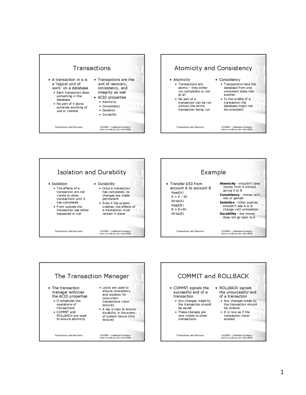 Transactions Introduction To Database System Lecture 15 Slides Computer Science Docsity