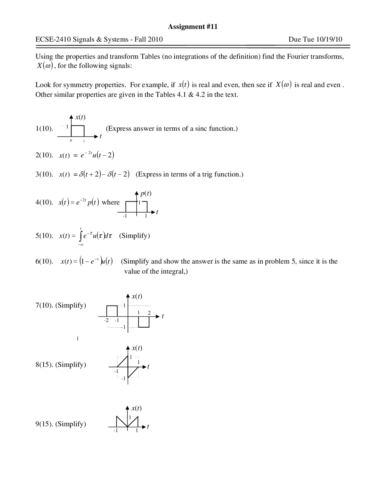 Sample Questions For Homework 11 Signals And Systems Ecse 2410