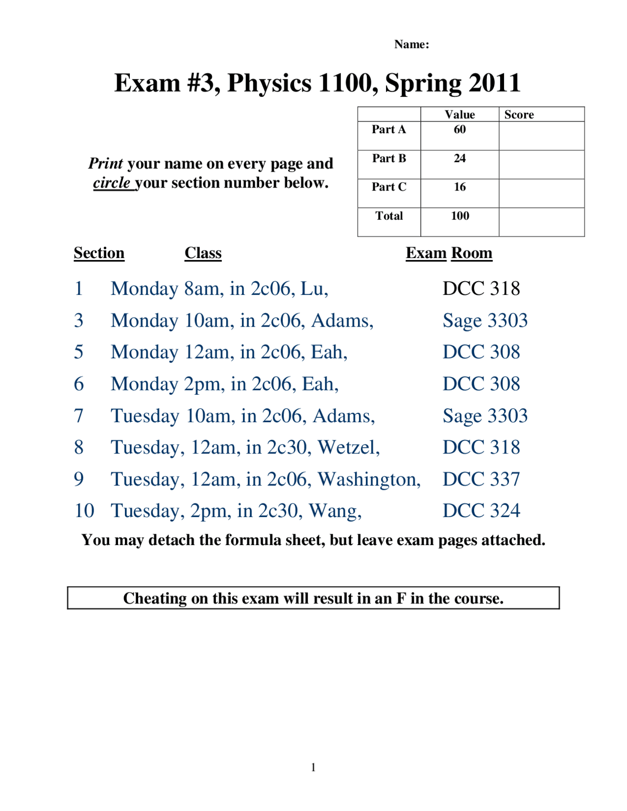 Examination 3 Practice Problems On Physics I Phys 1100 Docsity