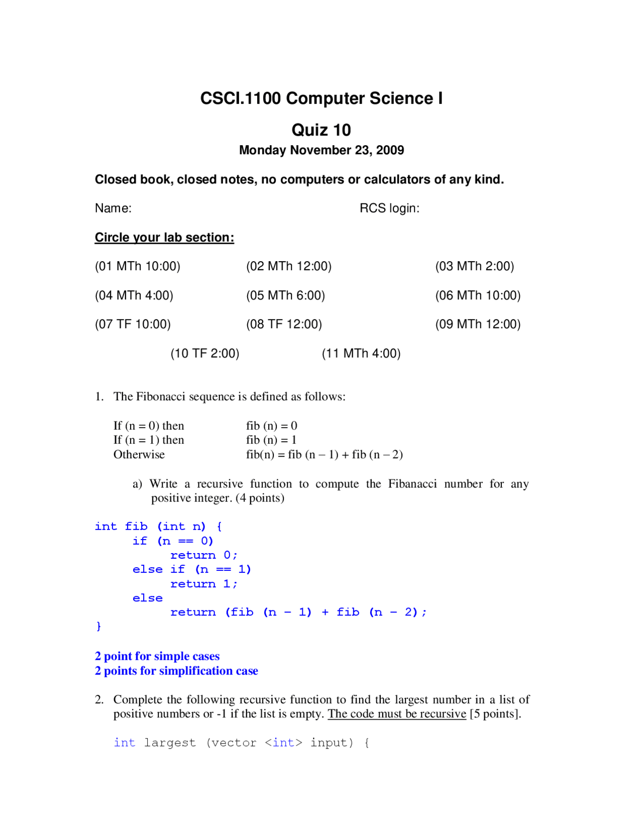 4 Solved Problems On Sort Algorithms Quiz 10 Csci 1100 Docsity