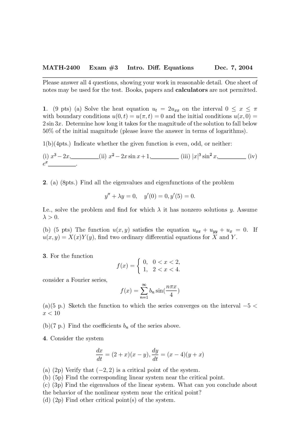 Exam 3 Introduction To Differential Equations Math 2400 Docsity