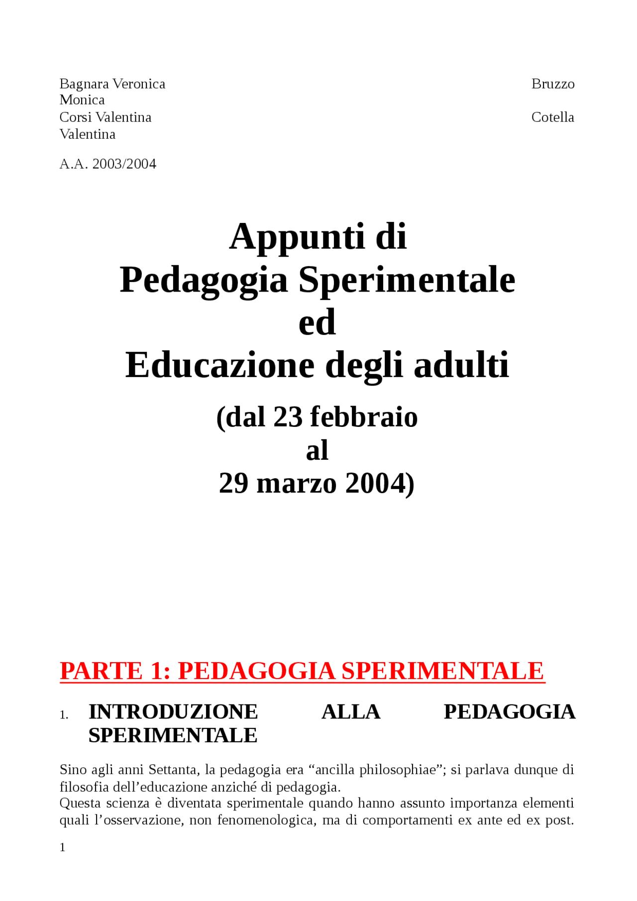 Appunti Di Educazione Degli Adulti E Pedagogia Sperimentale Docsity