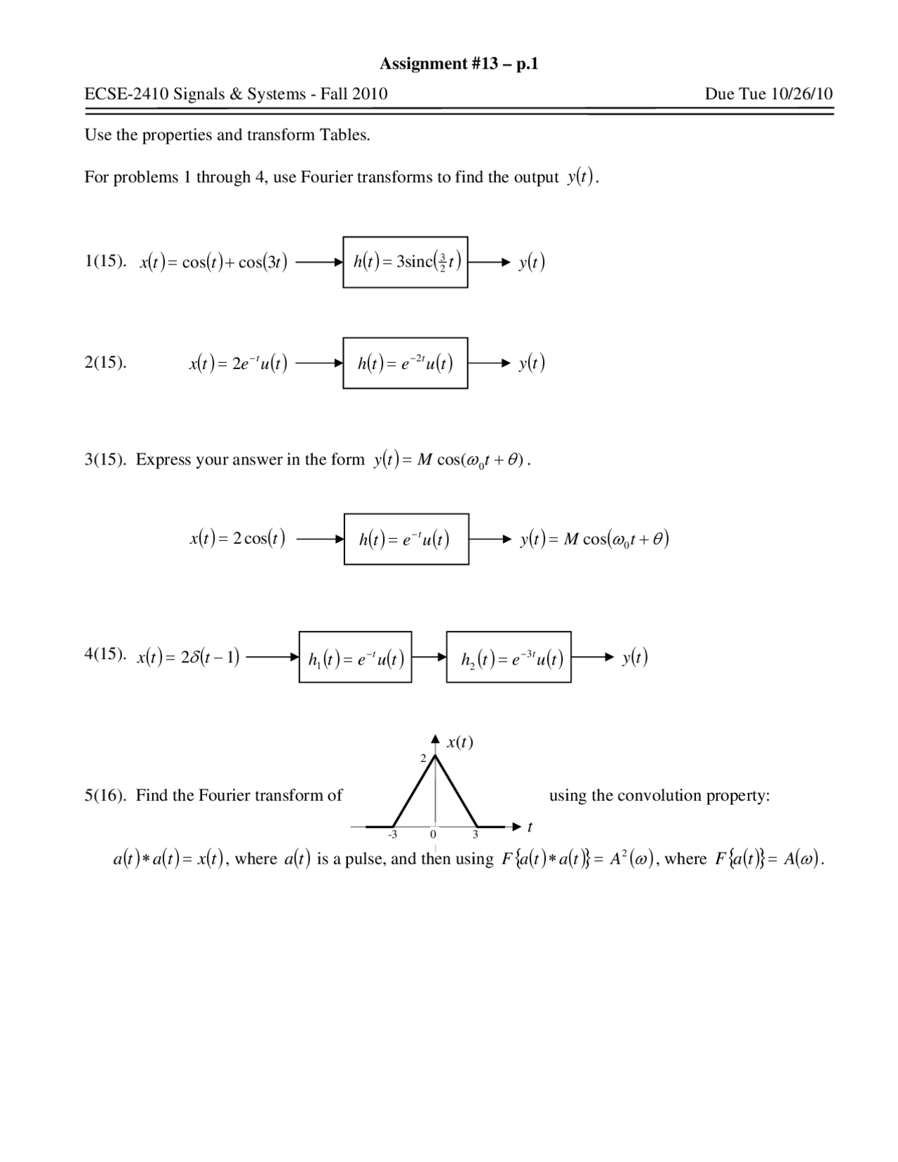 Homework 13 Questions - Signals and Systems | ECSE 2410 - Docsity