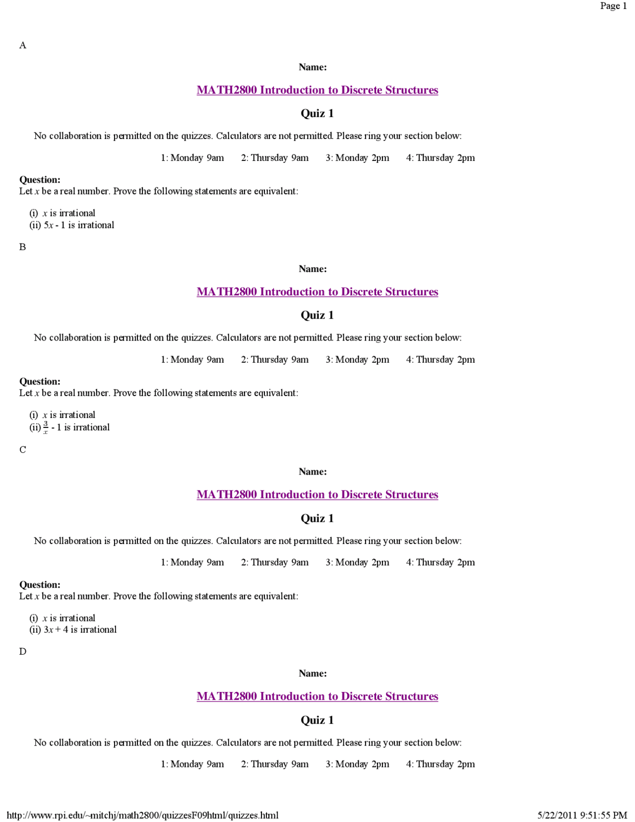 Multiple Quizzes On Introduction To Discrete Structures Math 2800