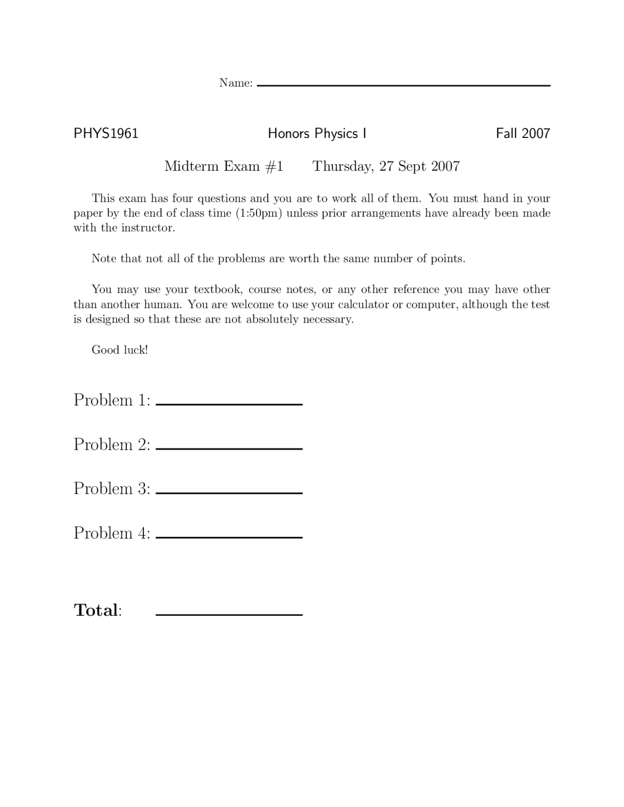 4 Problems on Physics I - Midterm Exam 1 | PHYS 1100 - Docsity