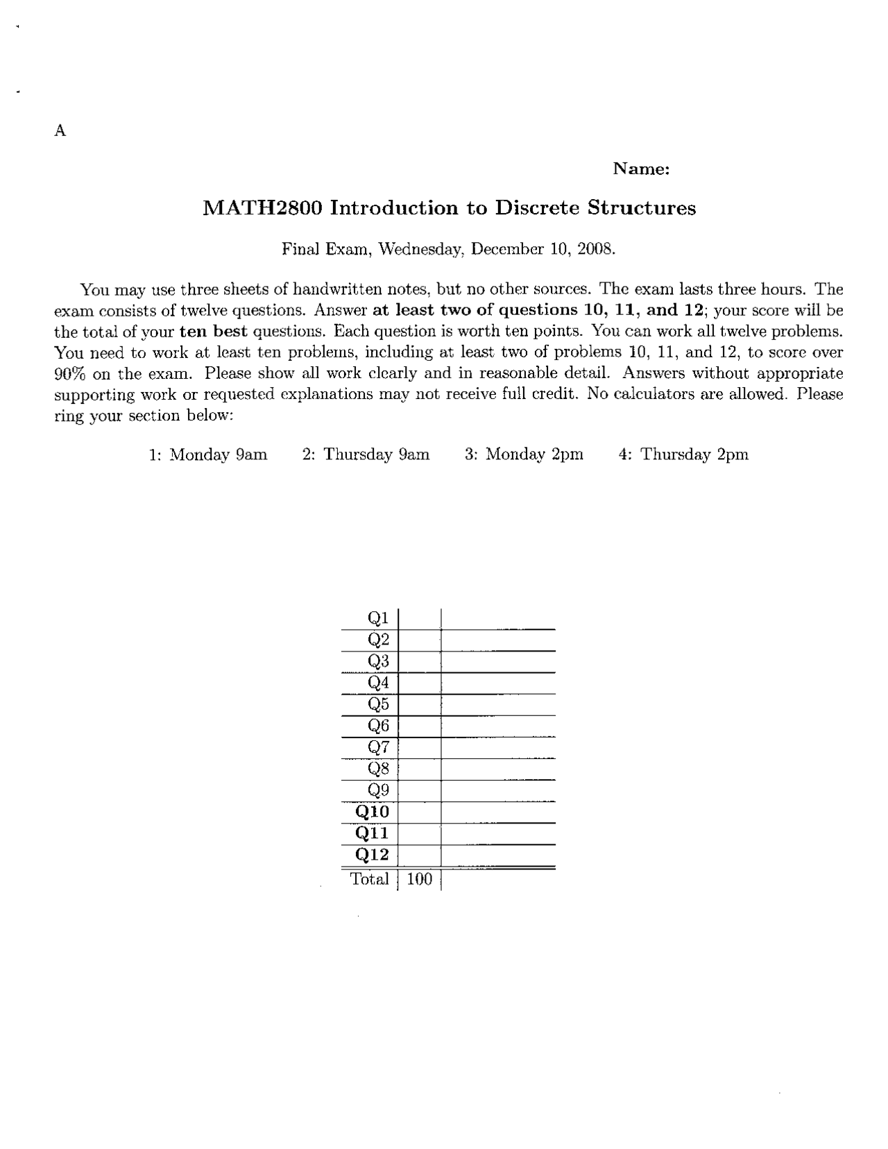 12 Questions Final Exam Introduction To Discrete Structures Math