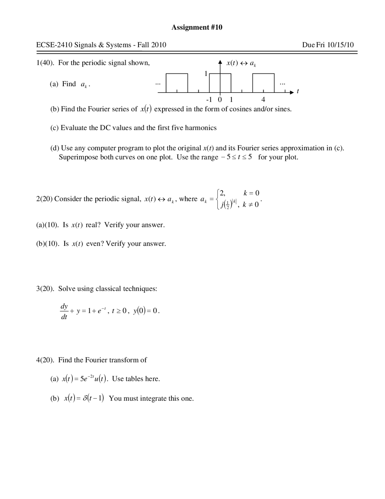Sample Questions For Assignment 10 Signals And Systems Ecse 2410