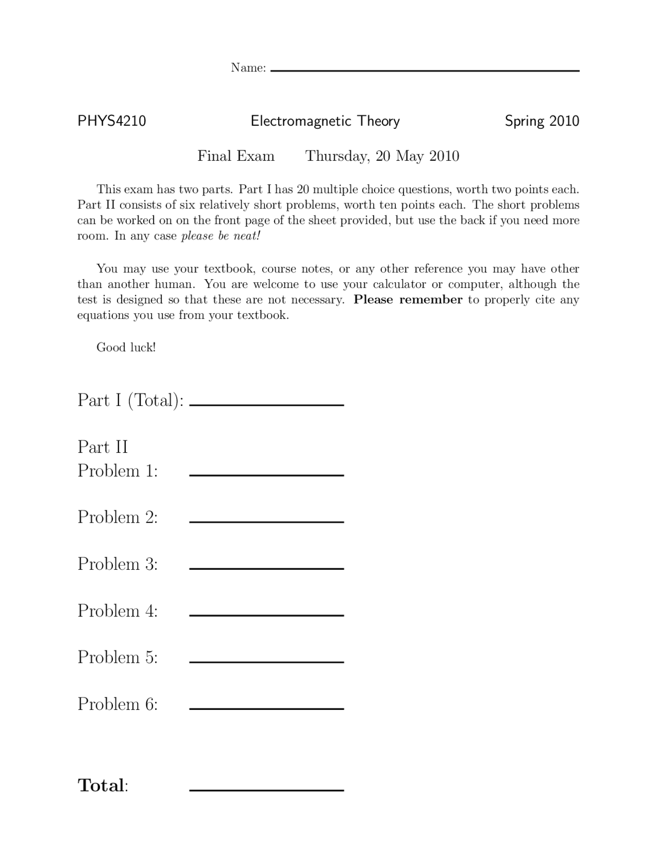 Electromagnetic Theory Final Exam Problems Phys 4210 Docsity