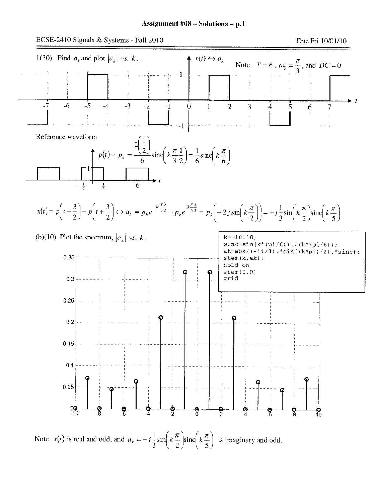 Assignment 8 Solutions Signals And Systems Ecse 2410 Docsity