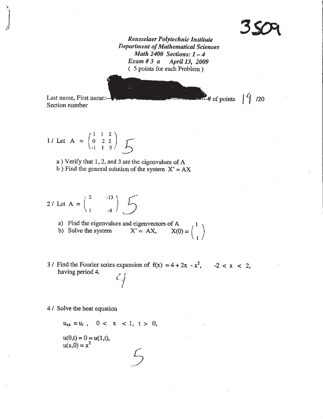 Solved Exam 3 - Introduction to Differential Equations - Fall 2009 | MATH 2400 - Docsity