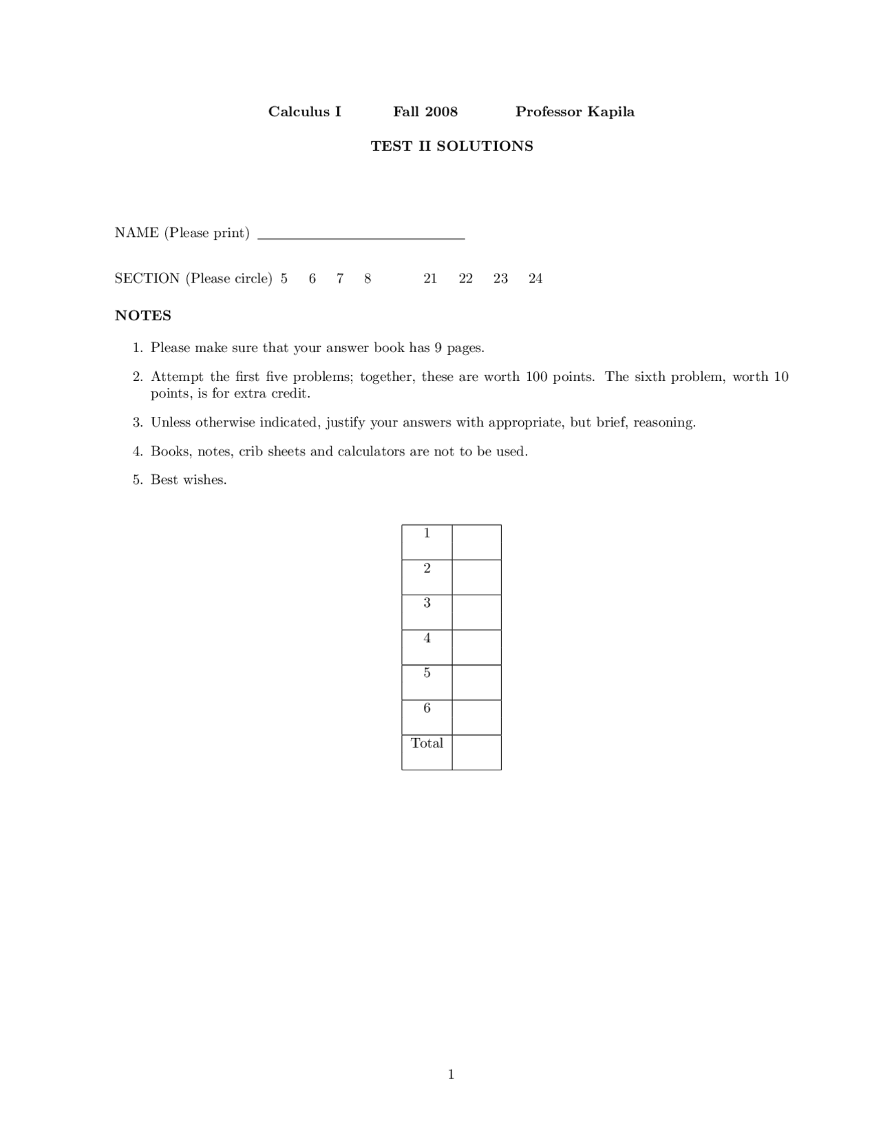 Test 2 Questions With Solutions - Calculus I | MATH 1010 - Docsity